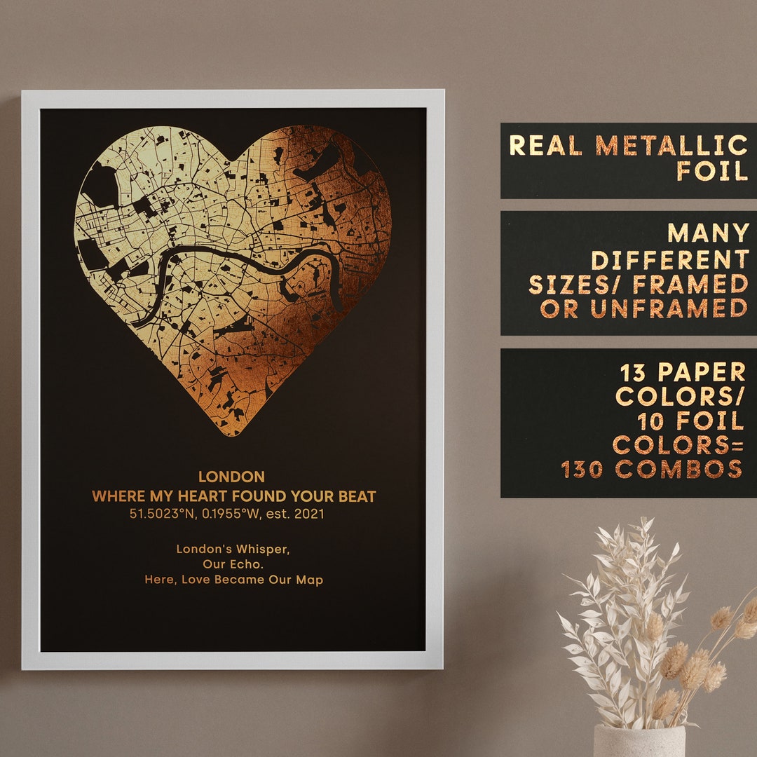 Custom Gold Foil Heart Map, Personalized Love Location Print, Unique ...
