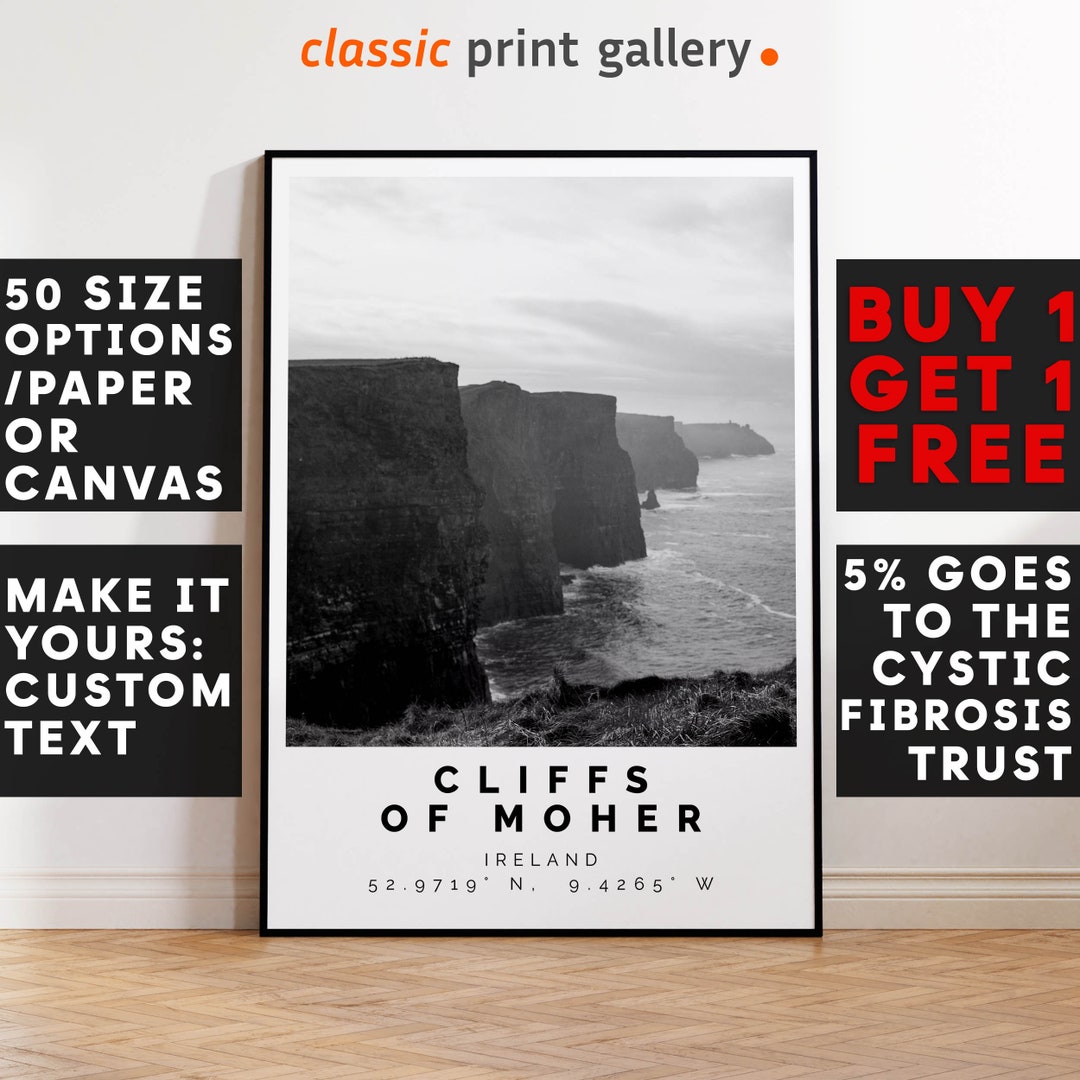 Cliffs of Moher Poster Black and White Print, Cliffs of Moher Wall Art ...