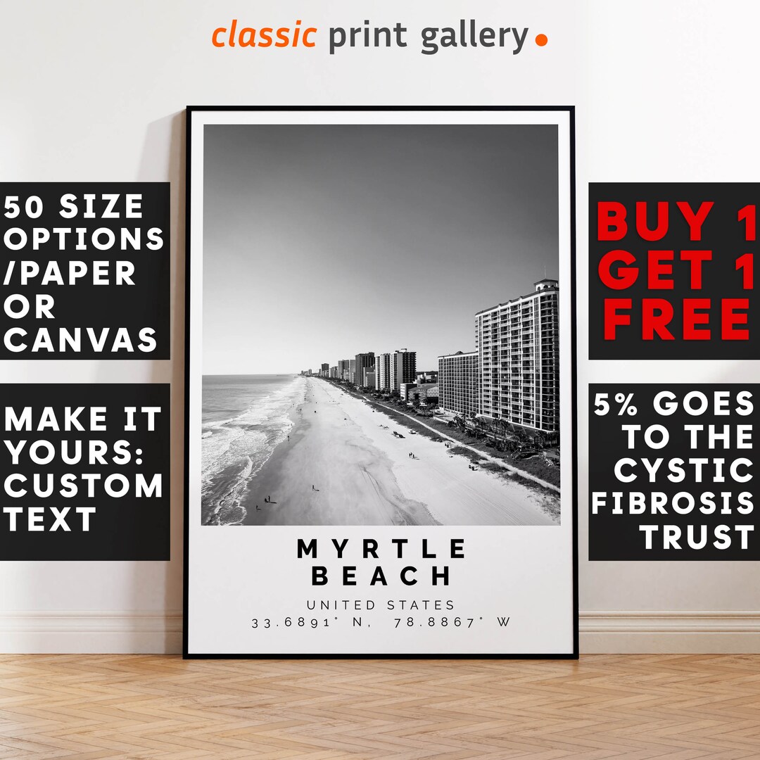 Myrtle Beach Poster Black and White Print, Myrtle Beach Wall Art ...