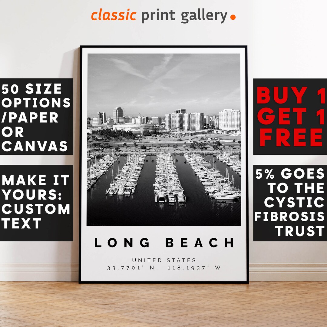 Long Beach Poster Black and White Photo, Long Beach Wall Art, Long ...