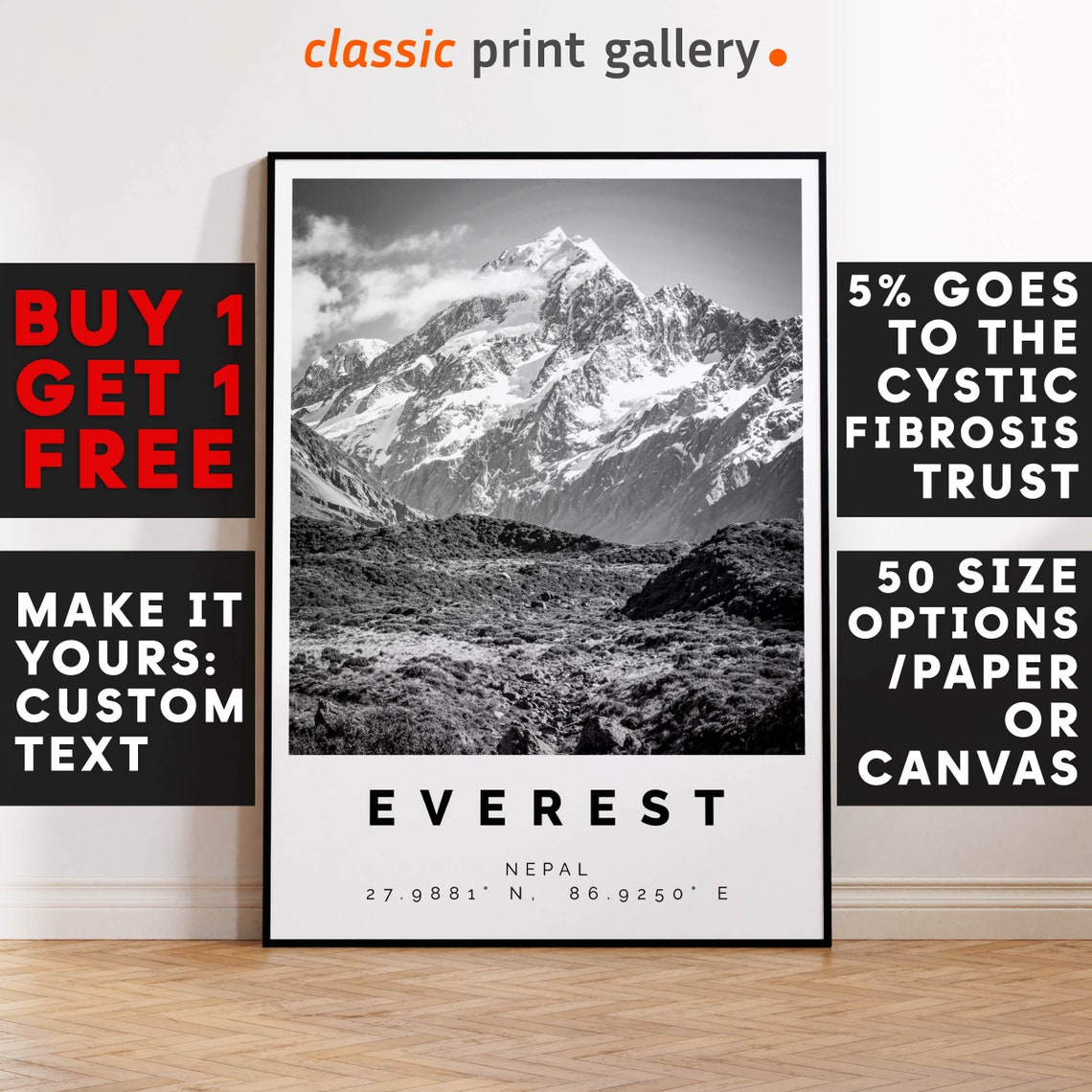 Everest Print,everest Wall Art,everest Black and White Poster ...
