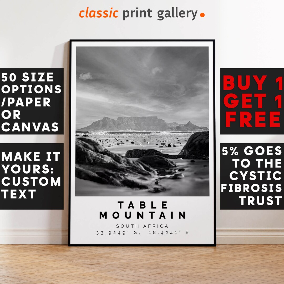 Table Mountain Poster Black and White Print, Table Mountain Wall Art ...