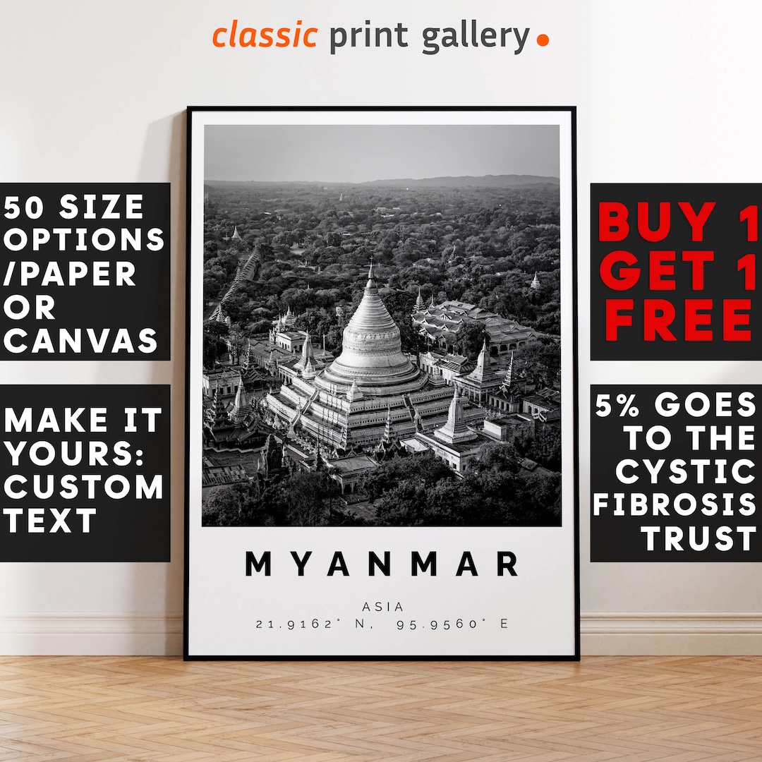 Myanmar Poster Black and White Print, Myanmar Wall Art, Myanmar Travel ...