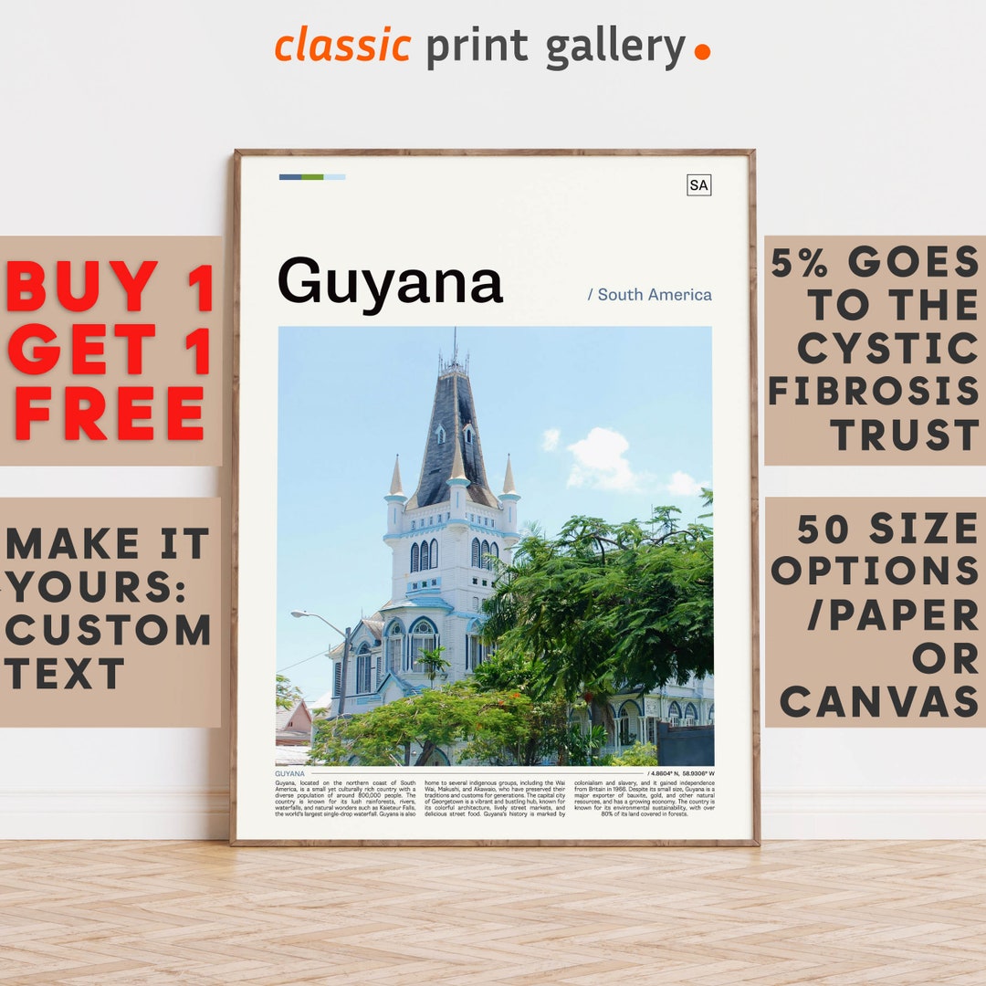 Guyana Print, Guyana Wall Art, Guyana Color Poster With Text ...