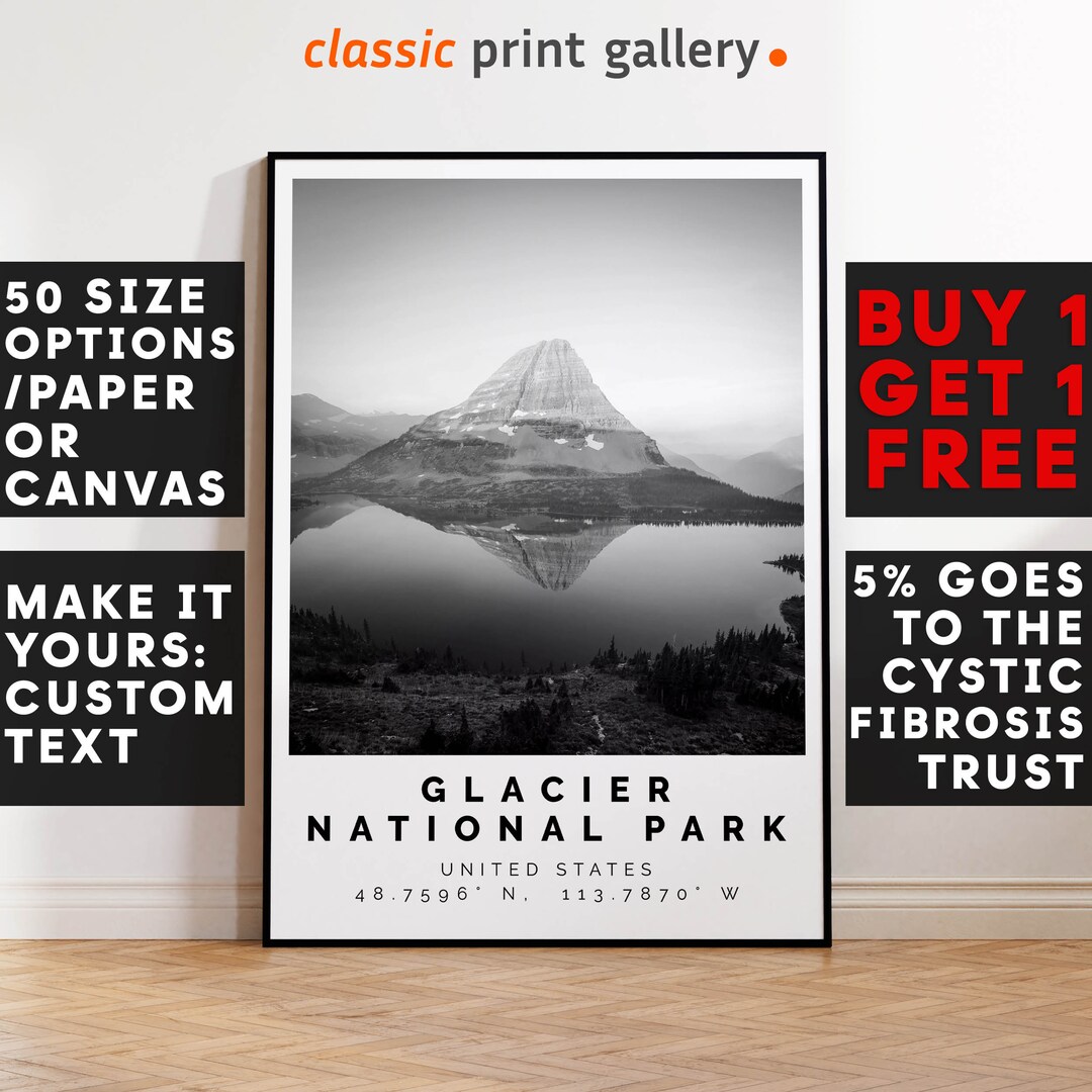 Glacier Poster Black and White Print, Glacier National Park Wall Art ...