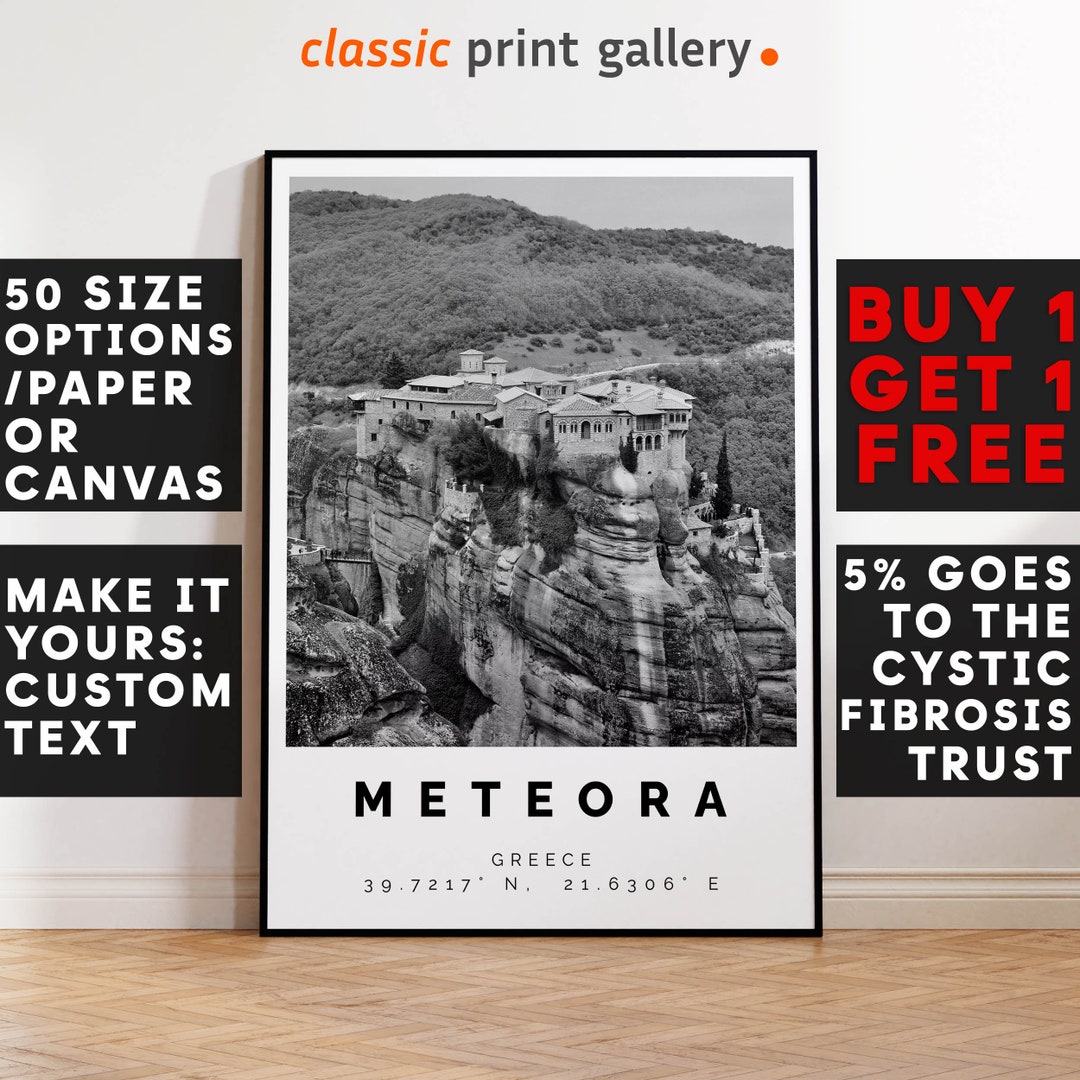Meteora Poster Black and White Print, Meteora Wall Art, Meteora Travel ...