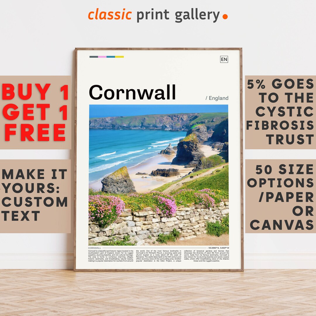 Cornwall Print, Cornwall Wall Art, Cornwall Color Poster With Text ...