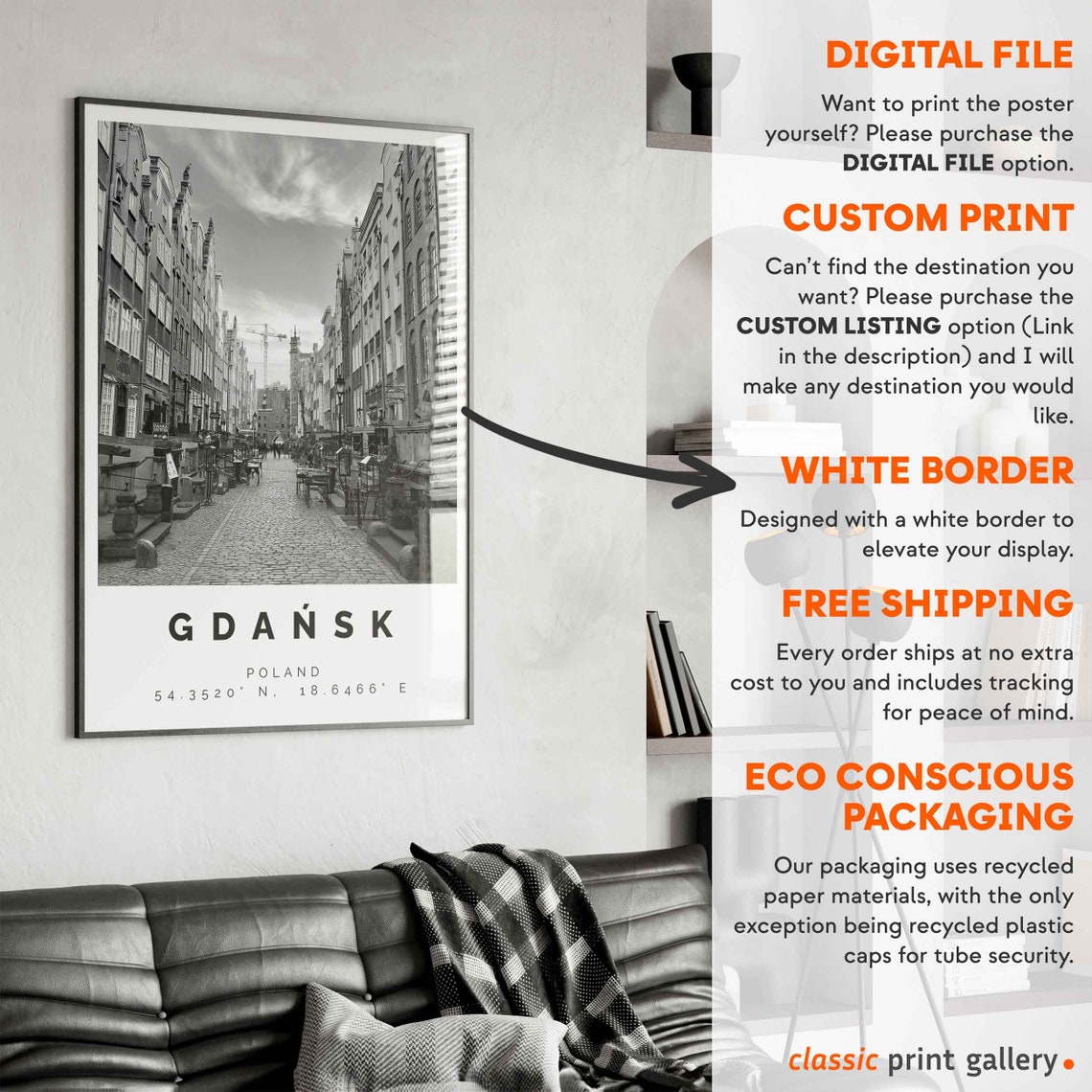 Gdansk Poster Black and White Print, Gdansk Wall Art, Gdansk Travel ...