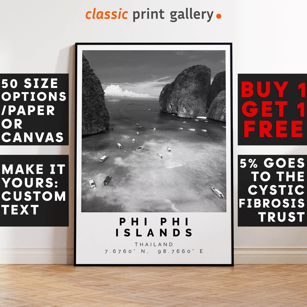 Phi Phi Islands Poster Black and White Print, Phi Phi Islands Wall Art ...