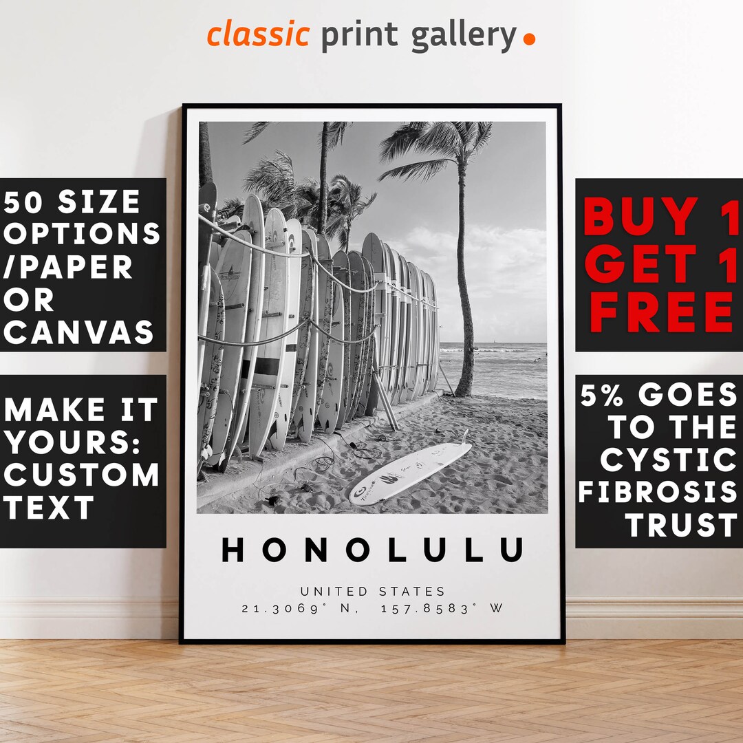 Honolulu Poster Black and White Print, Honolulu Wall Art, Honolulu ...