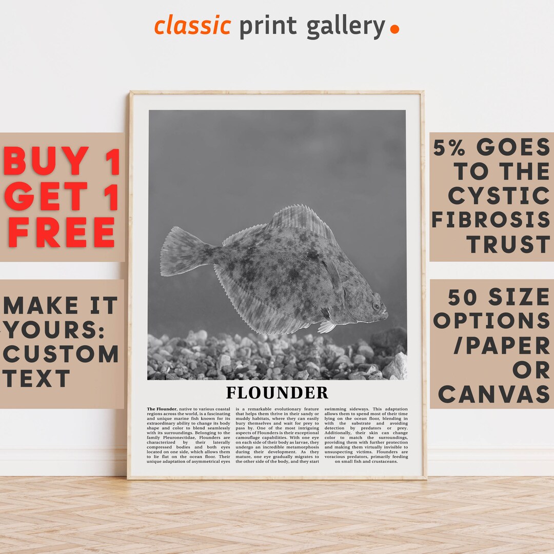 Flounder Print, Flounder Wall Art Poster, Black White Classroom Teacher ...
