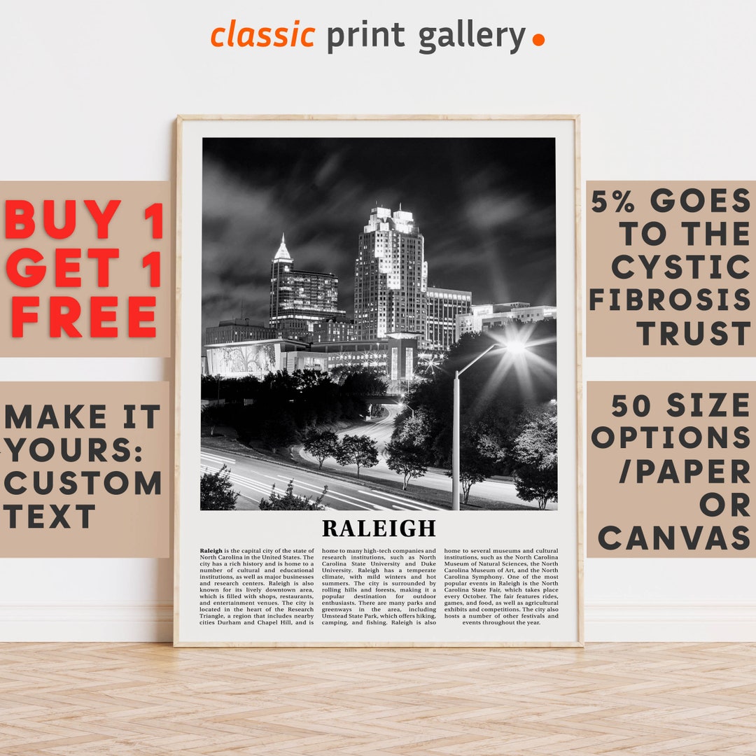 Raleigh Print, Raleigh Wall Art, Raleigh Black and White Poster ...