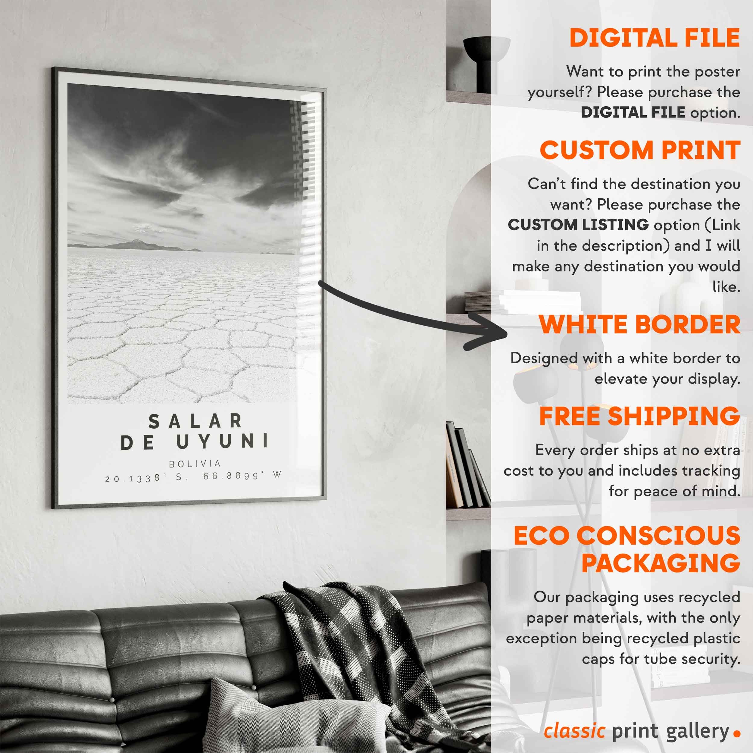 Salar De Uyuni Poster Black and White Print, Salar De Uyuni Wall Art ...