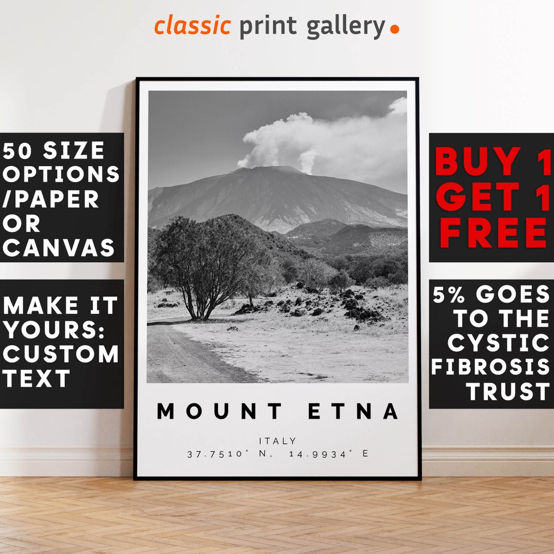 Mount Etna Poster Black and White Print, Mount Etna Wall Art, Mount ...