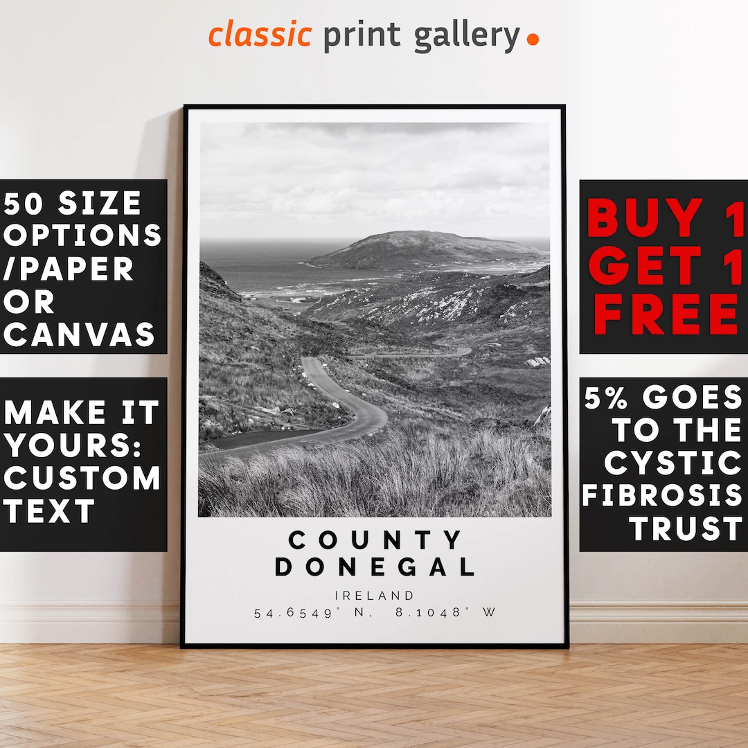 County Donegal Poster Black and White Print, County Donegal Wall Art ...