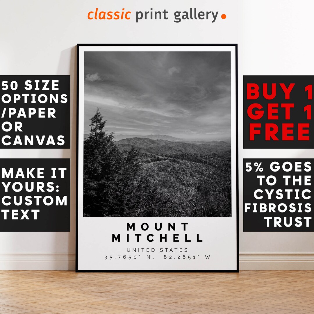Mount Mitchell Poster Black and White Print, Mount Mitchell Wall Art, Mount Mitchell Travel ...