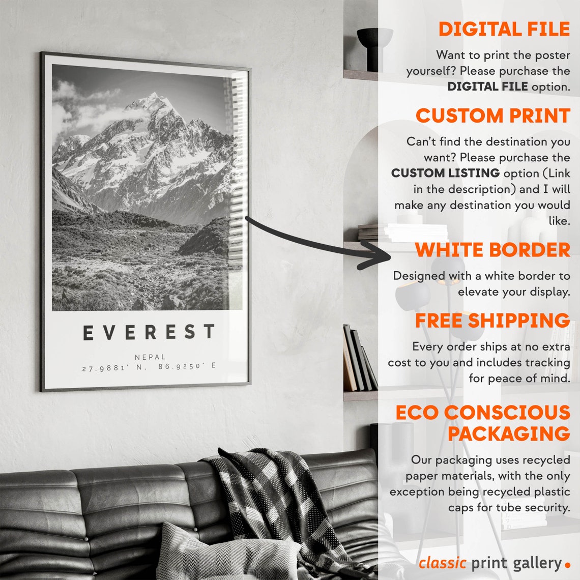 Everest Print,everest Wall Art,everest Black and White Poster ...