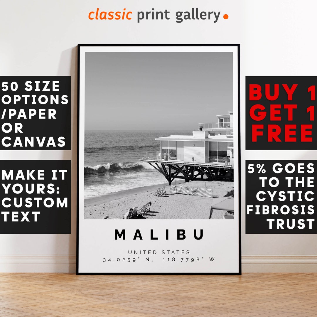 Malibu Poster Black and White Print, Malibu Wall Art, Malibu Travel ...