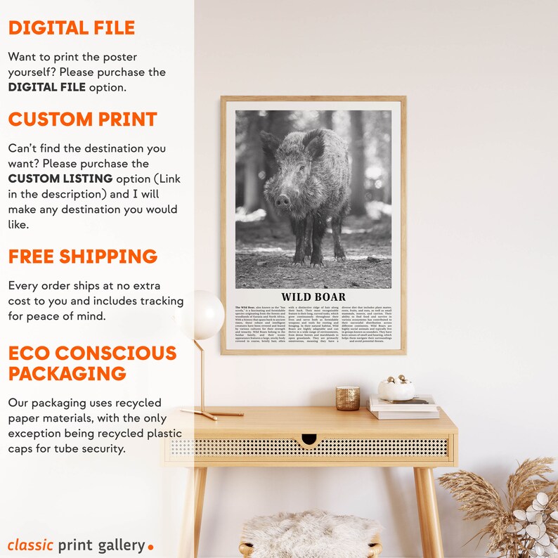 Wild Boar Print, Wild Boar Wall Art Poster, Black White Classroom ...