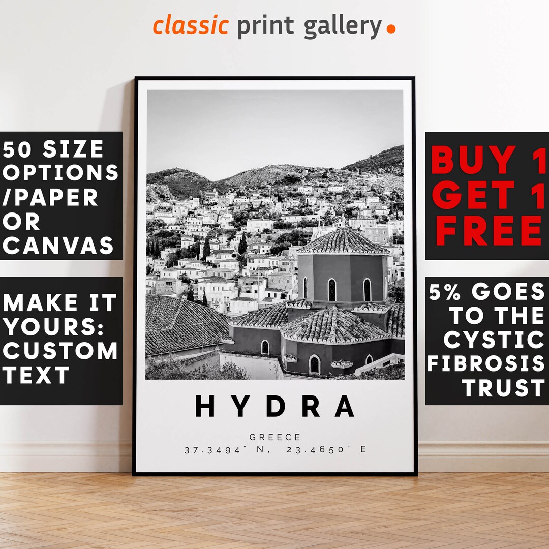 Hydra Poster Black and White Print, Hydra Wall Art, Hydra Travel Poster ...