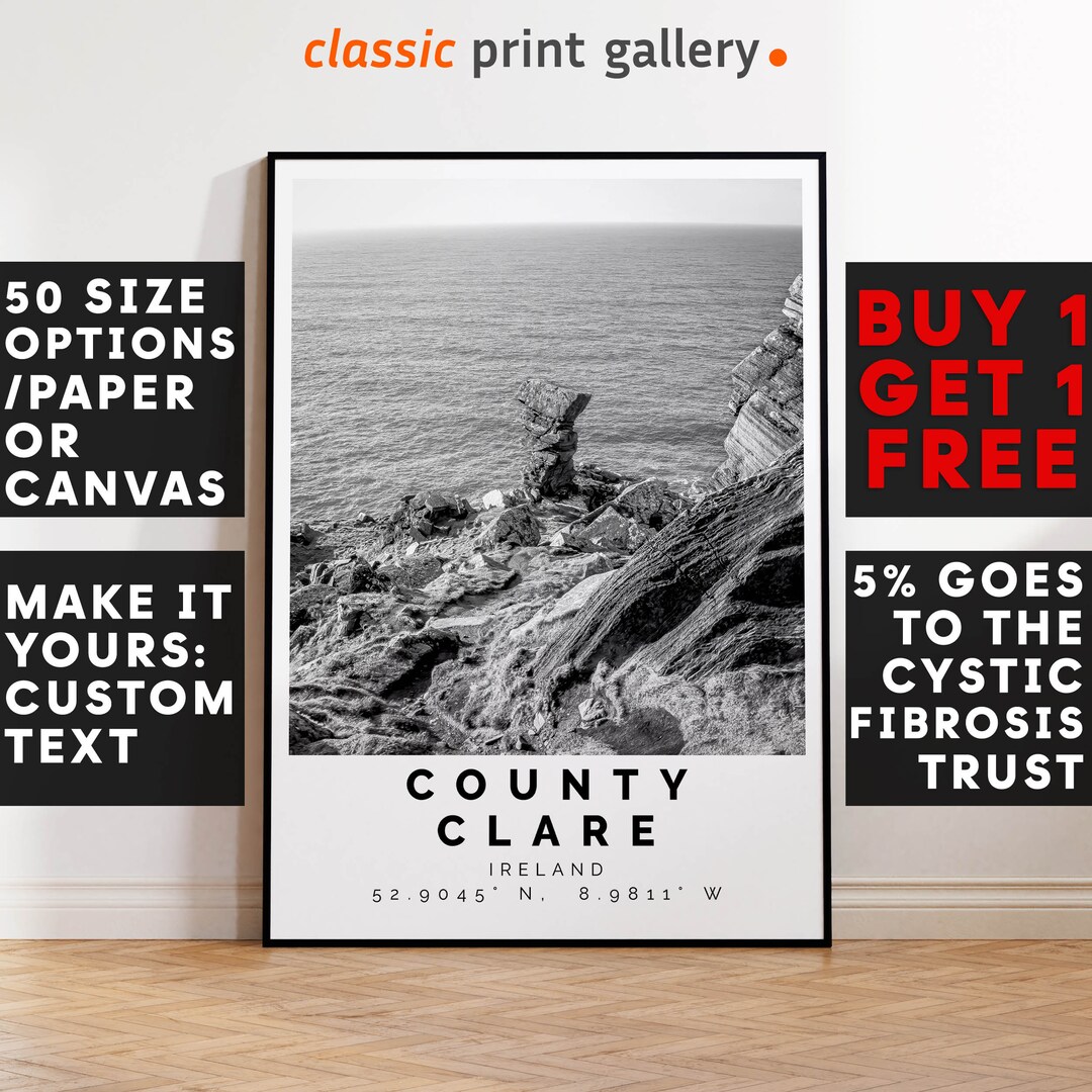 County Clare Poster Black and White Print, County Clare Wall Art ...