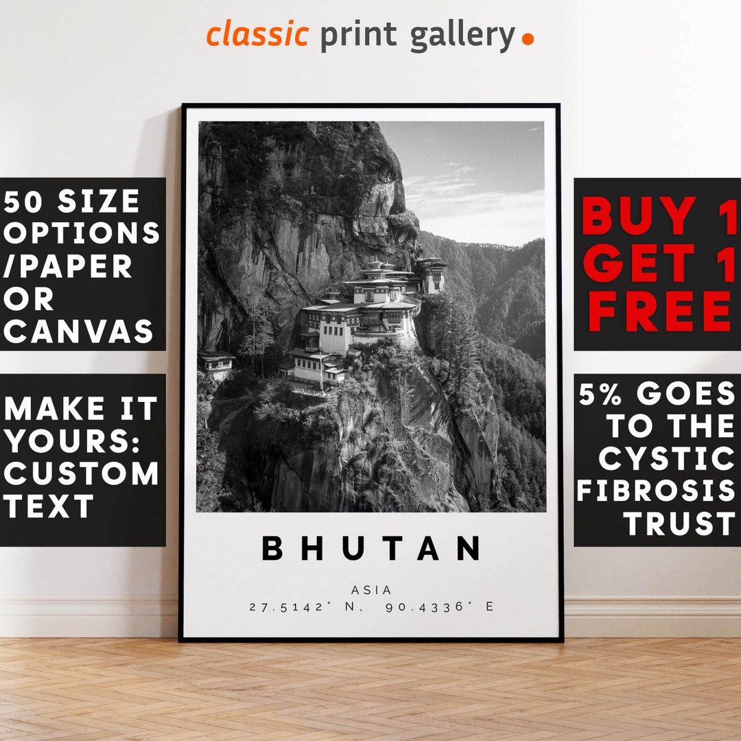 Bhutan Poster Black and White Print, Bhutan Wall Art, Bhutan Travel ...