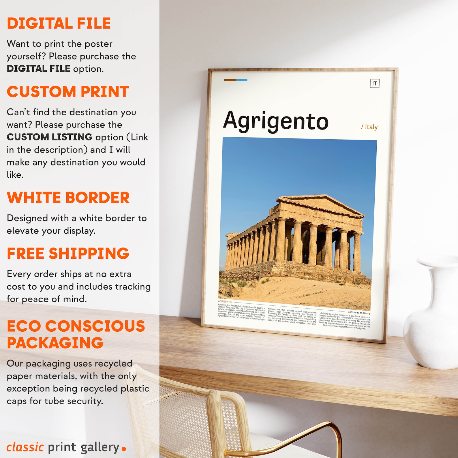 Agrigento Print, Agrigento Wall Art, Agrigento Color Poster With Text ...