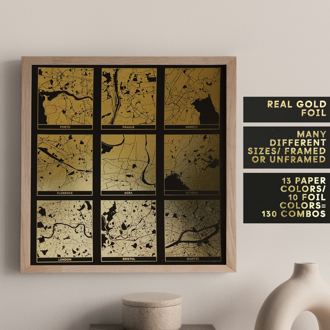 Custom Nine-part Metallic Map, Landscape Foil Art With Destination ...