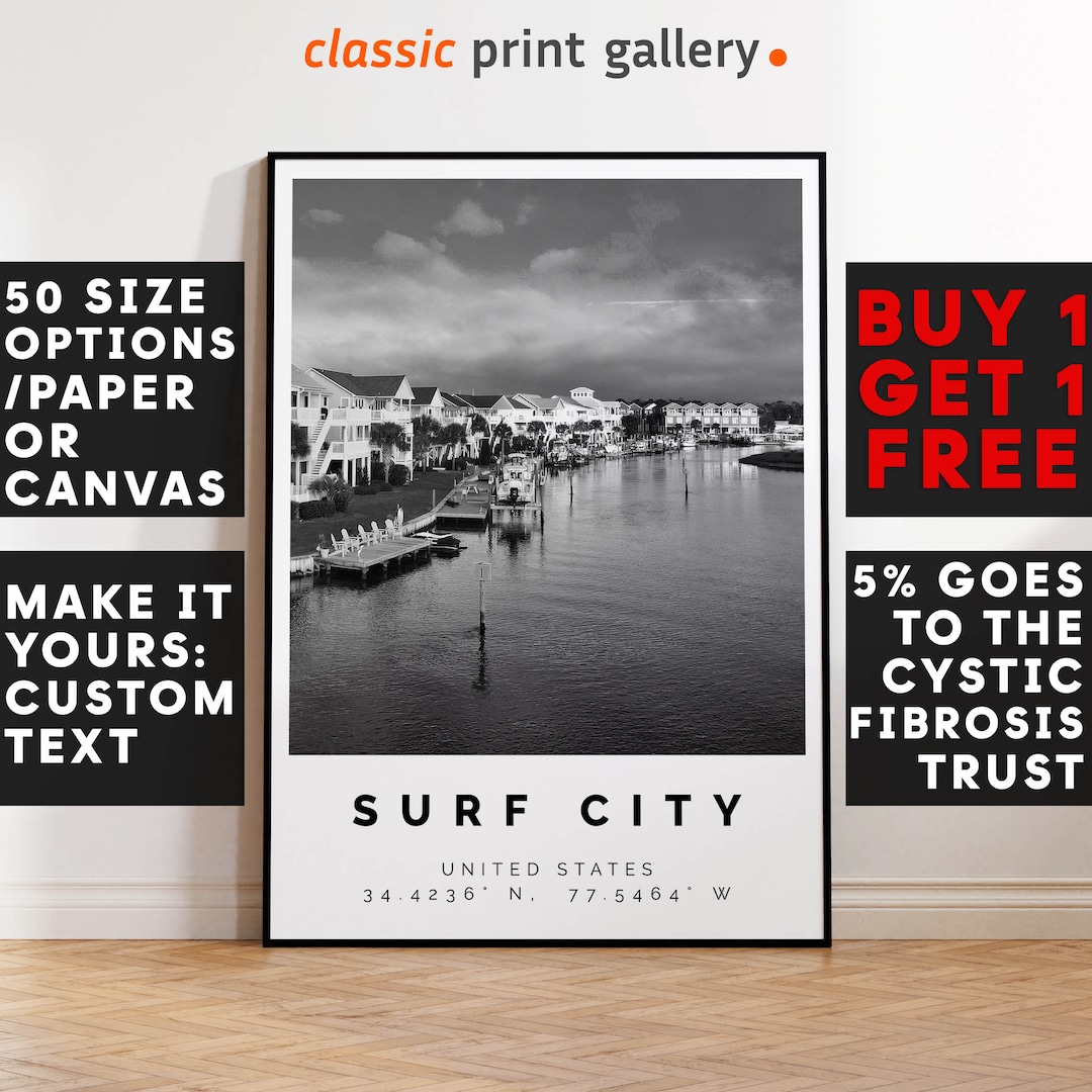 Surf City Poster Black and White Print, Surf City Wall Art, Surf City ...