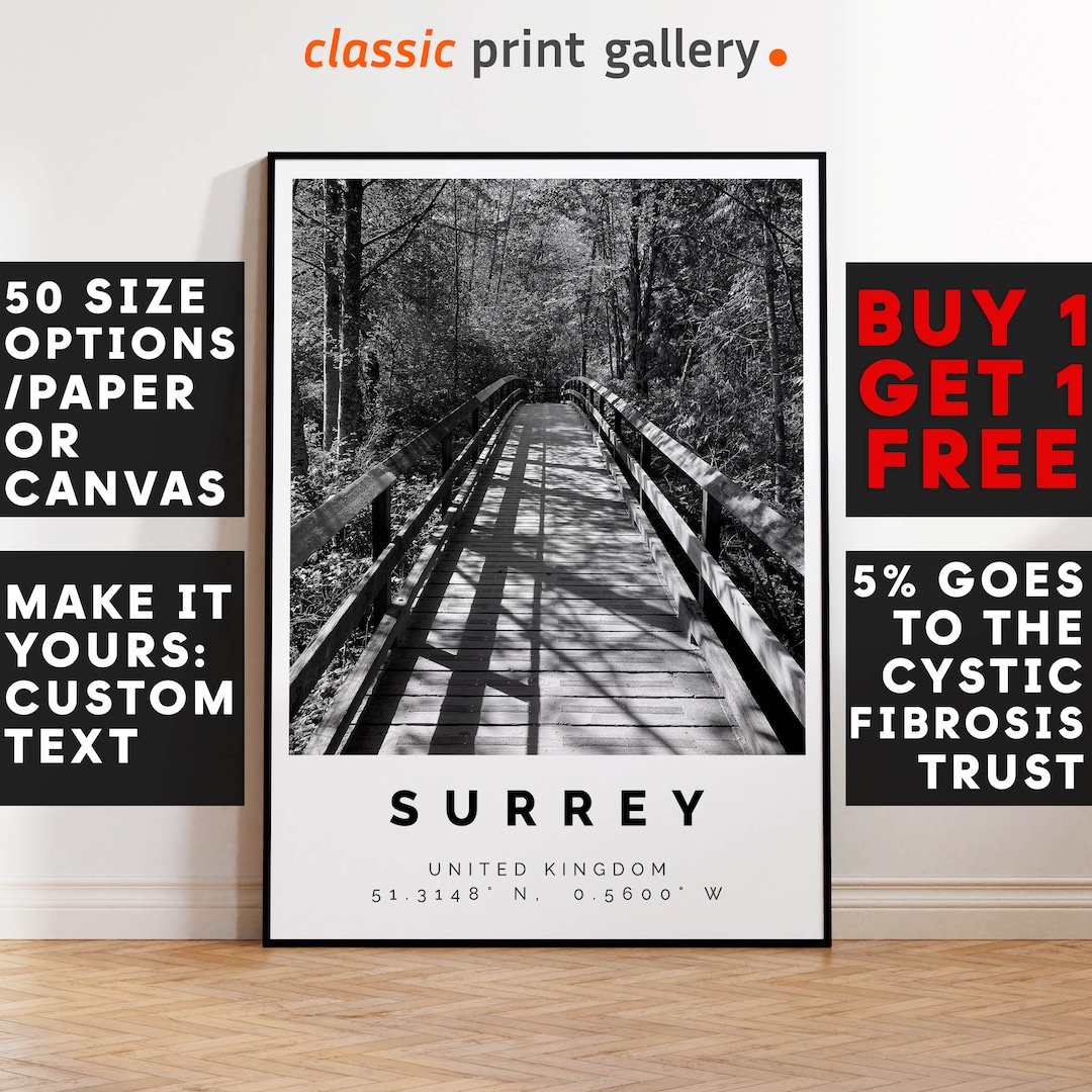 Surrey Poster Black and White Print, Surrey Wall Art, Surrey Travel ...