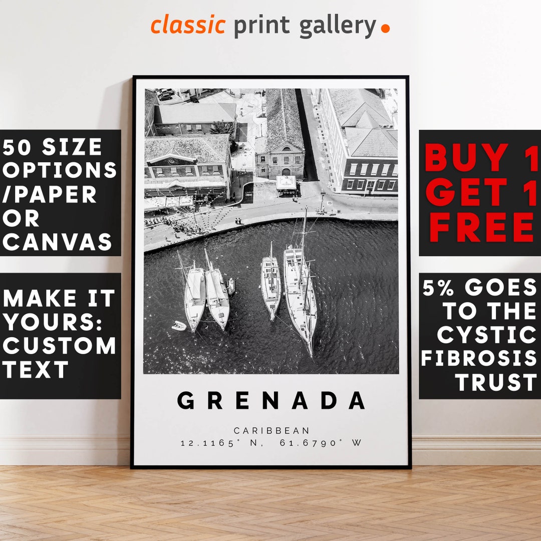 Grenada Poster Black and White Print, Grenada Wall Art, Grenada Travel ...
