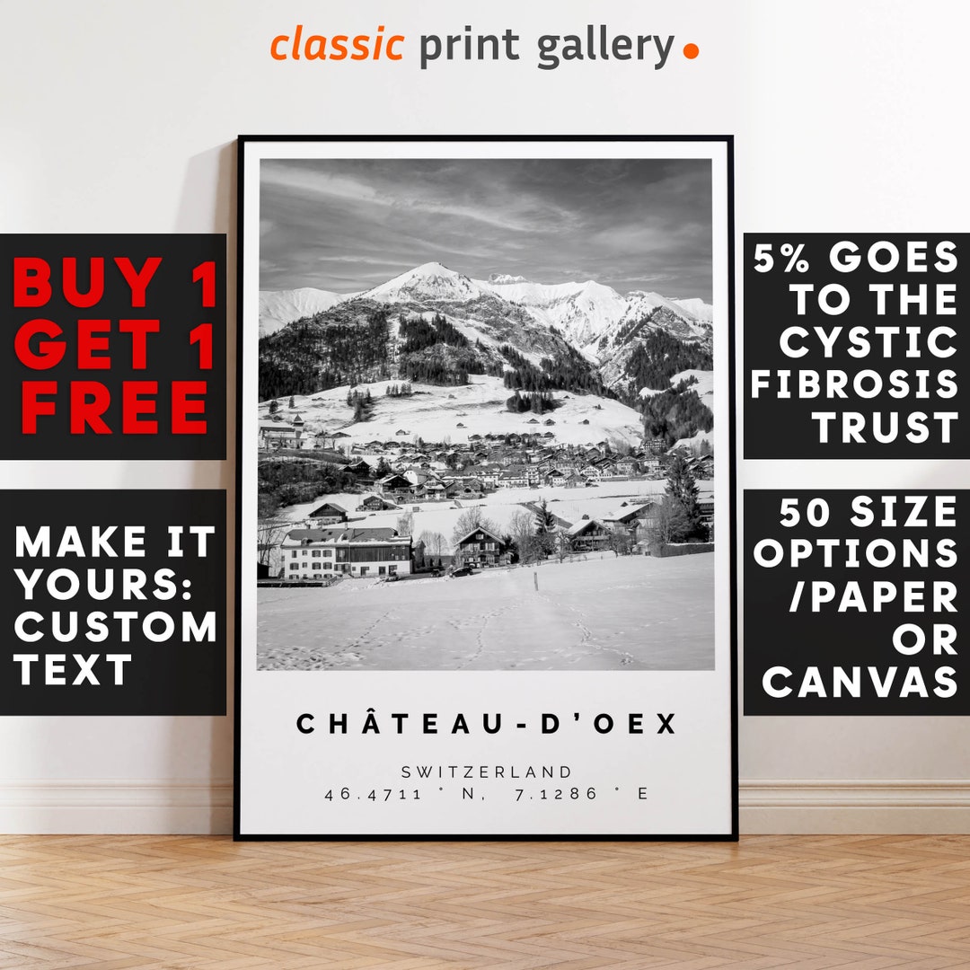 Ski Druck,Château-d'Oex Druck,Château-d'Oex Wand Kunst,Château-d'Oex BW ...