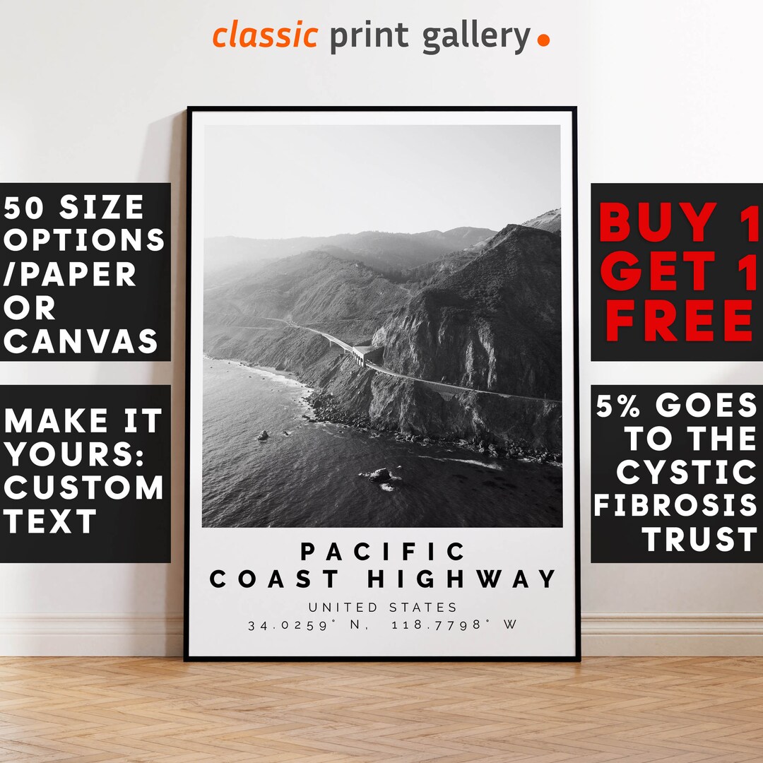 Pacific Coast Highway Poster Black and White Print, Pacific Coast ...
