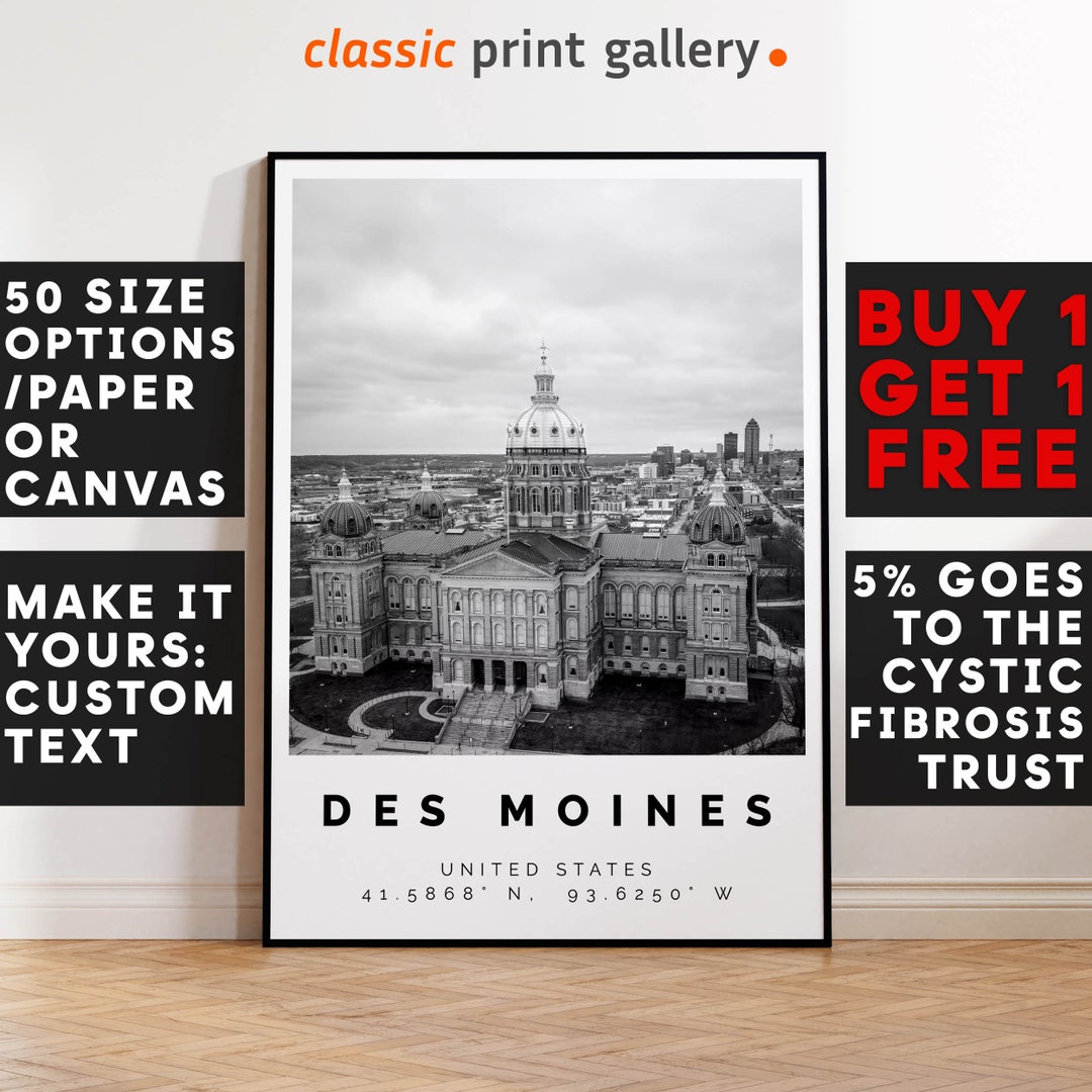 Des Moines Poster Black and White Print, Des Moines Wall Art, Des ...