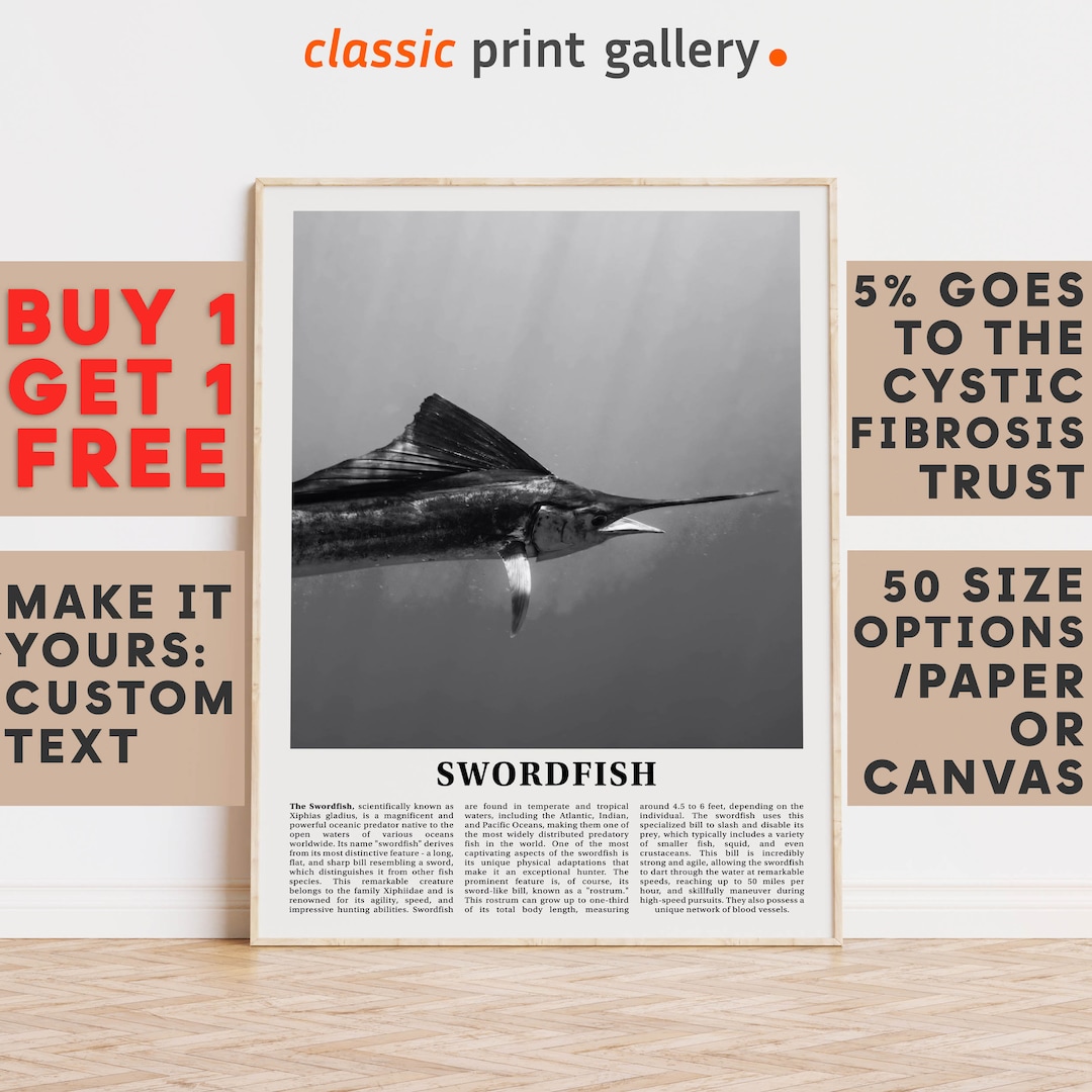 Swordfish Print, Swordfish Wall Art Poster, Black White Classroom ...