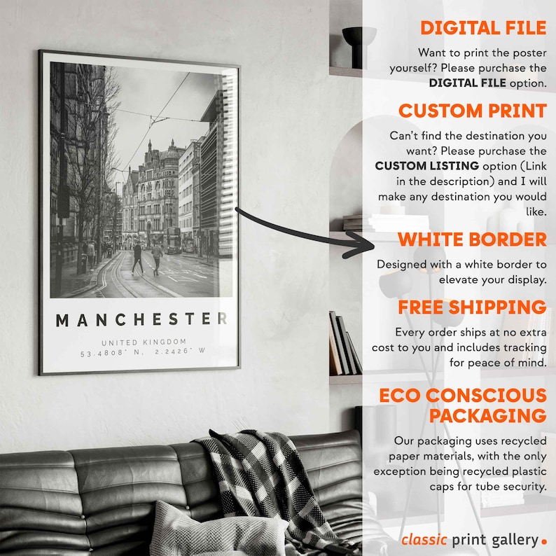 Manchester Poster Black and White Photo, Manchester Wall Art ...