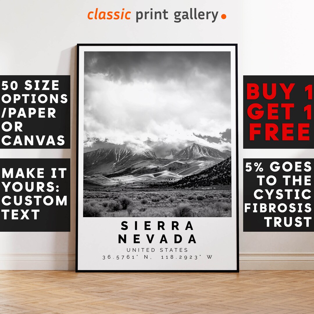 Sierra Nevada Poster Black and White Print, Sierra Nevada Wall Art ...