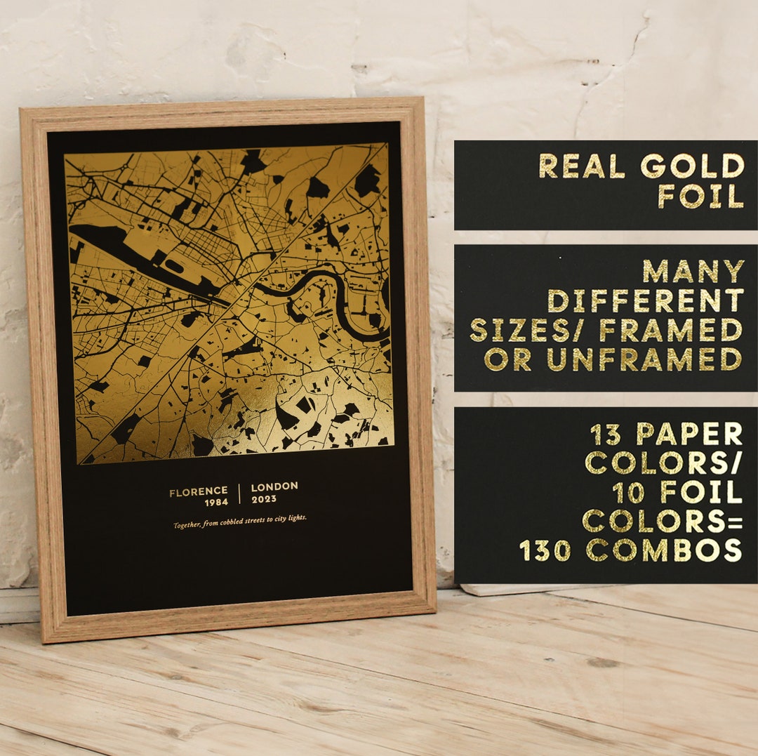 Personalized Metallic Foil Double Map Print - Custom Two Location Map ...