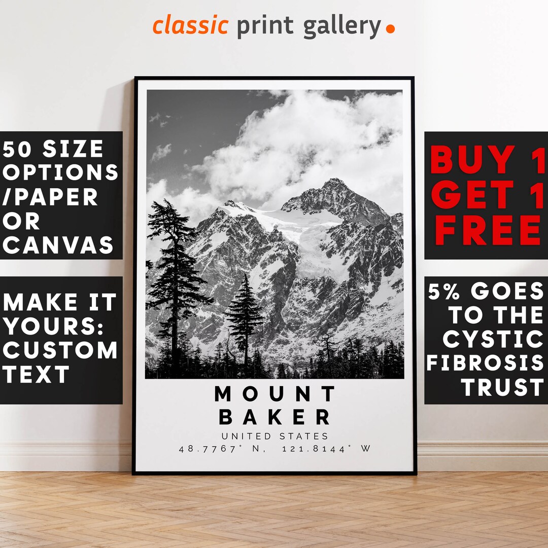 Mount Baker Poster Black and White Print, Mount Baker Wall Art, Mount ...
