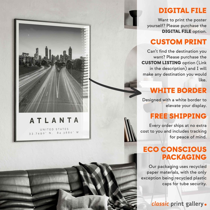 Atlanta Poster Black and White Print, Atlanta Wall Art, Atlanta Travel ...