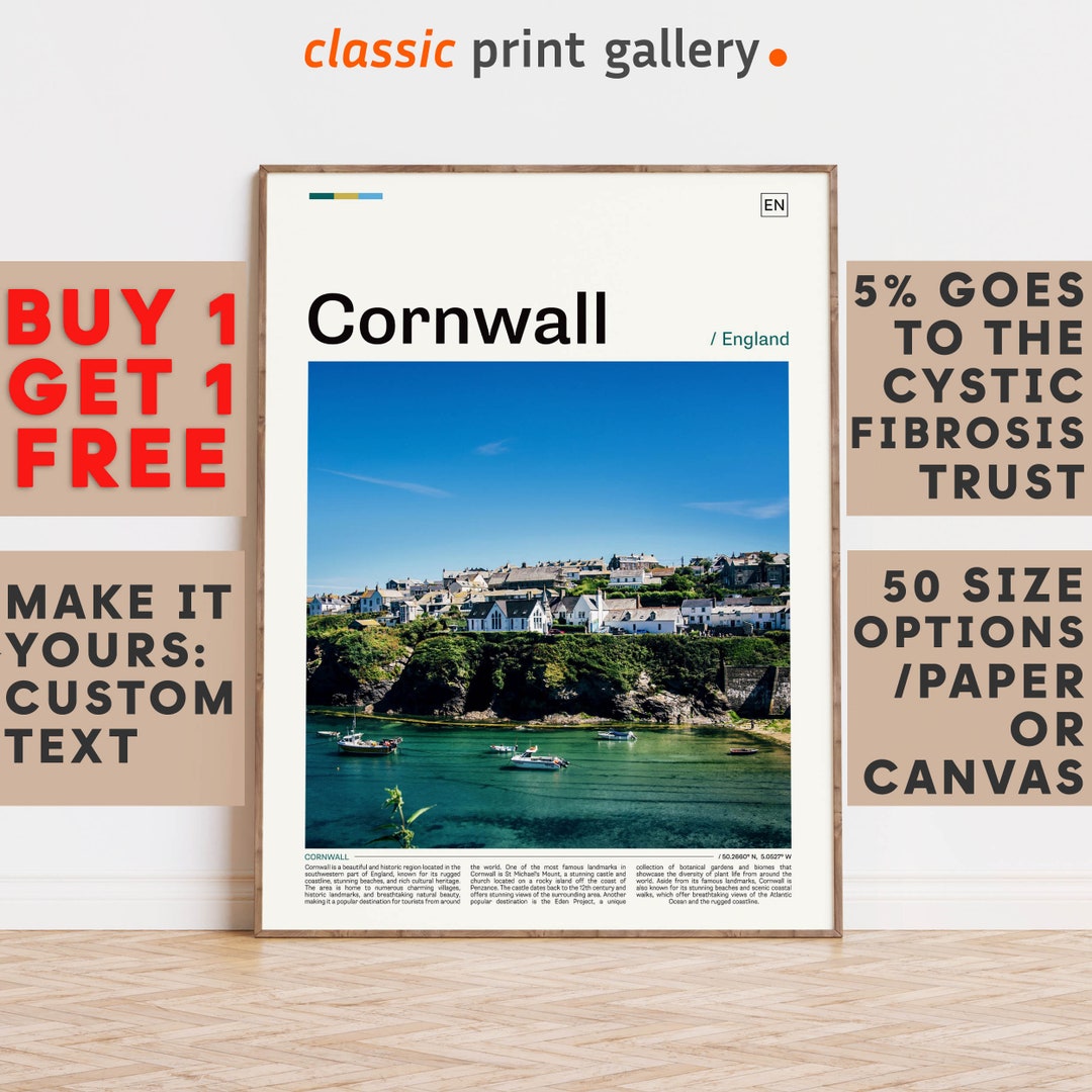 Cornwall Print, Cornwall Wall Art, Cornwall Color Poster With Text ...