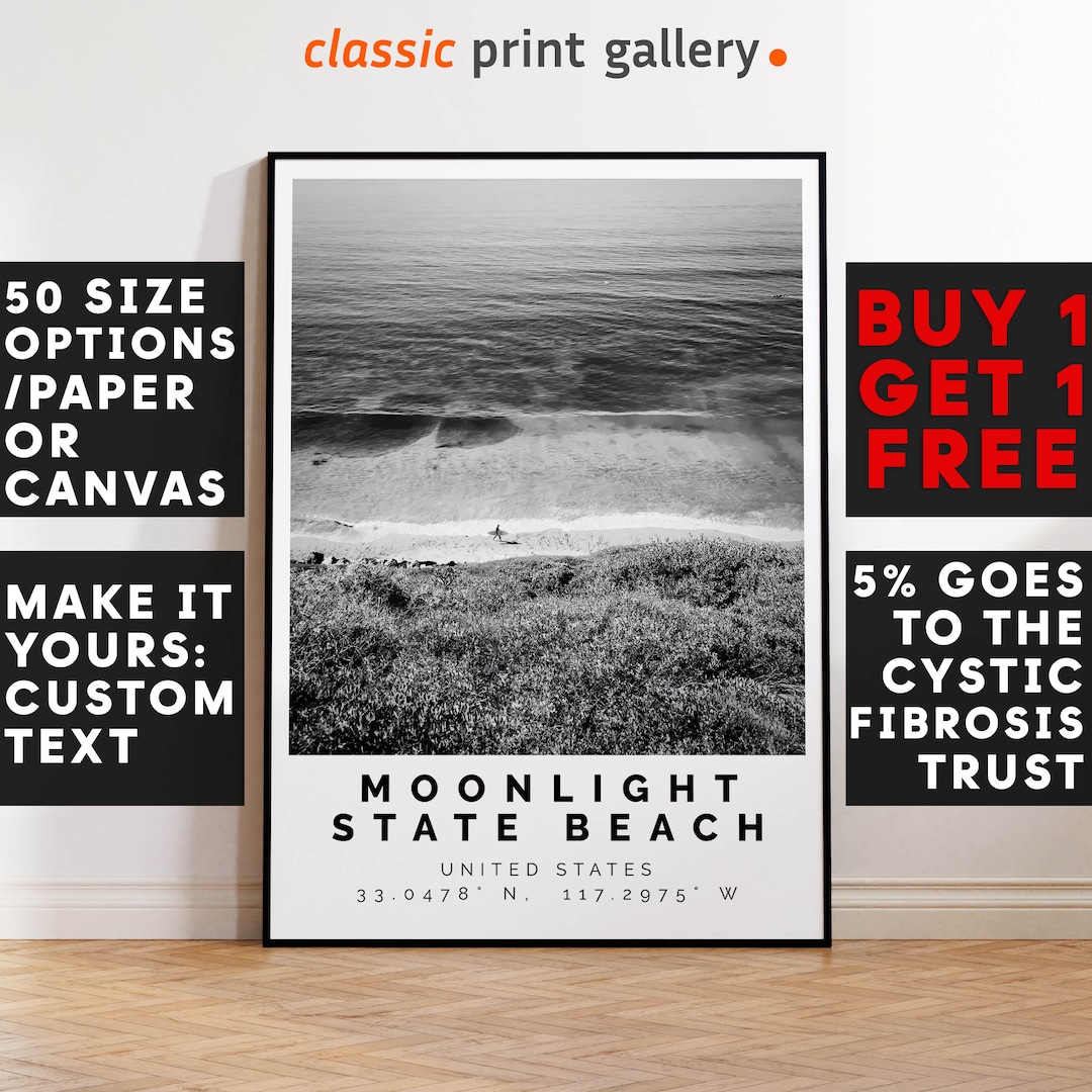 Moonlight State Beach Poster Black and White Print, Moonlight State ...