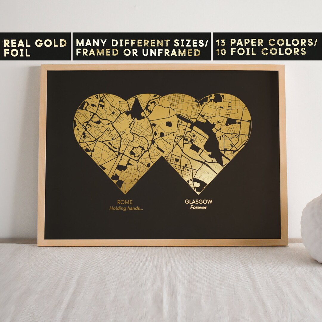 Custom Intertwined Hearts Map in Gold Foil, Dual Location Love Print ...