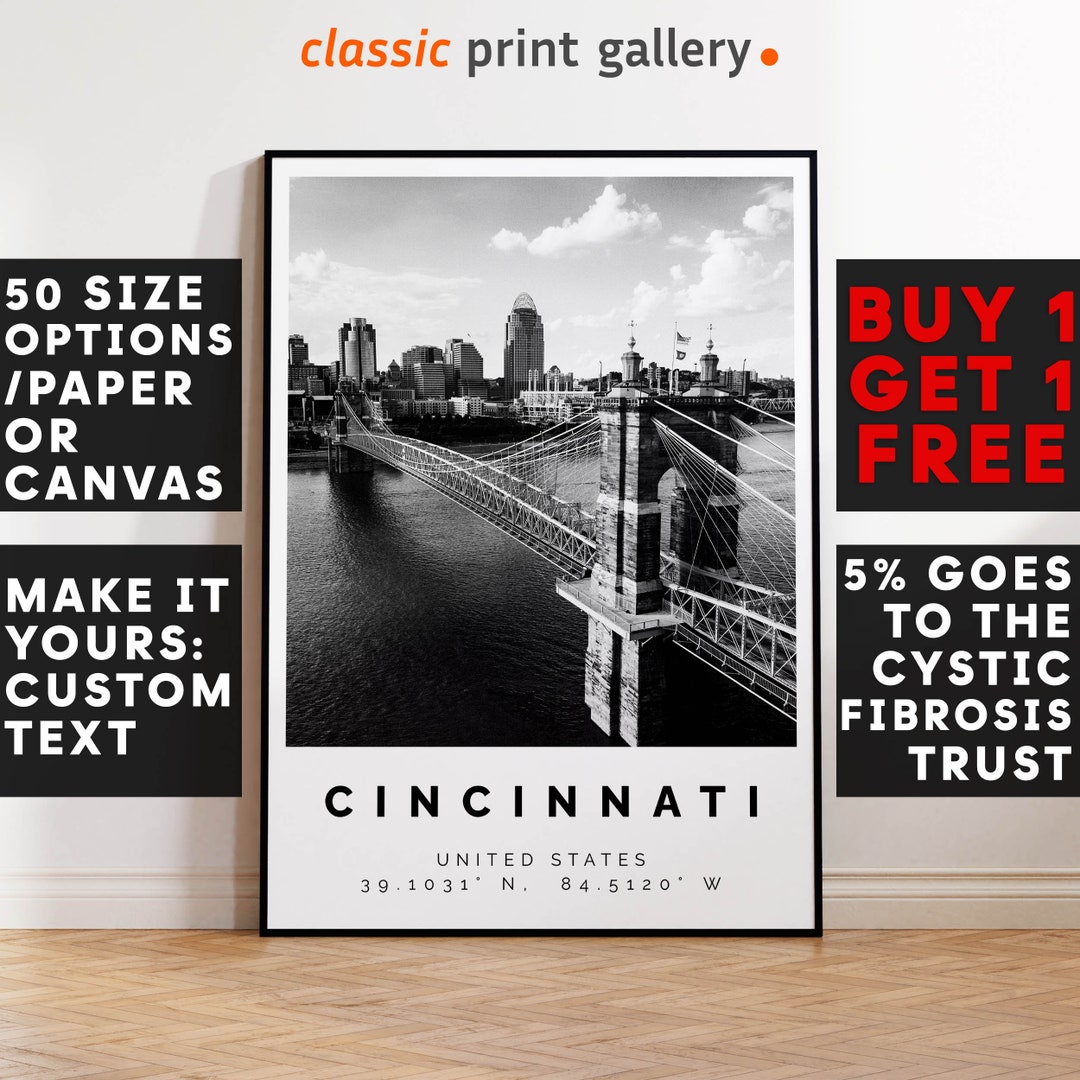 Cincinnati Poster Black and White Print, Cincinnati Wall Art ...