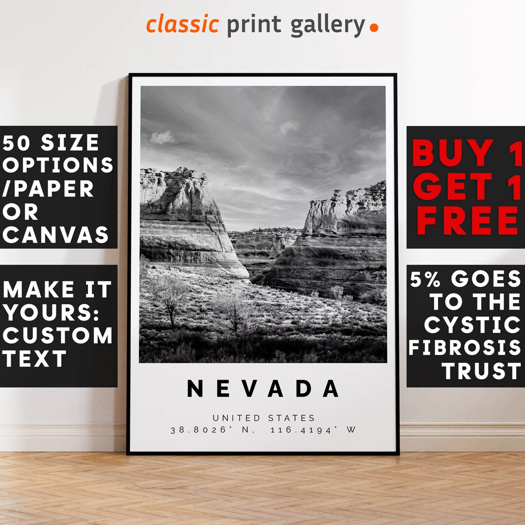 Nevada Poster Black and White Print, Nevada Wall Art, Nevada Travel ...