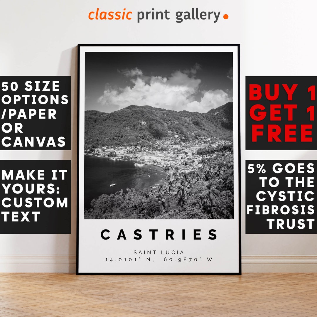 Castries Poster Black and White Print, Castries Wall Art, Castries Travel Poster, Castries Photo ...