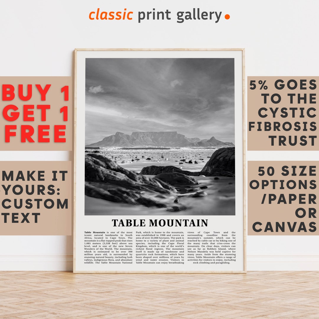 Table Mountain Print, Table Mountain Wall Art, Black and White Poster ...