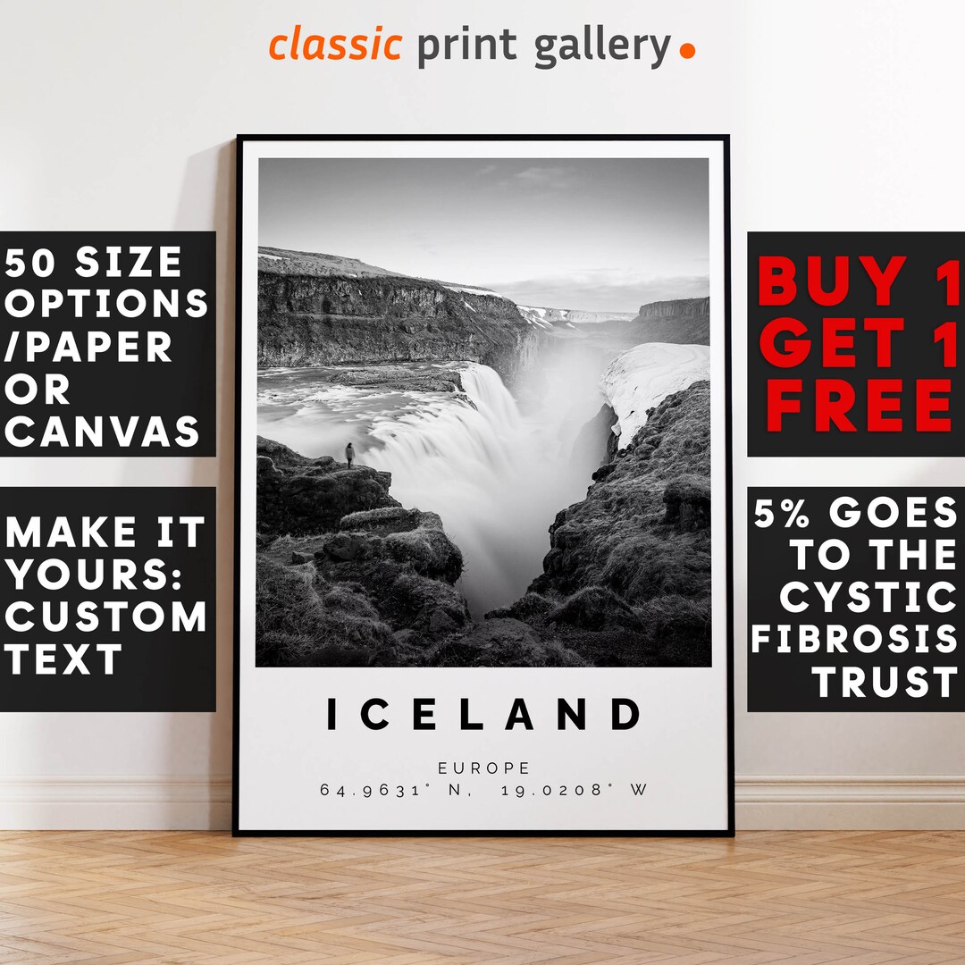 Gulfoss Falls Poster Black and White Print, Gulfoss Falls Wall Art ...