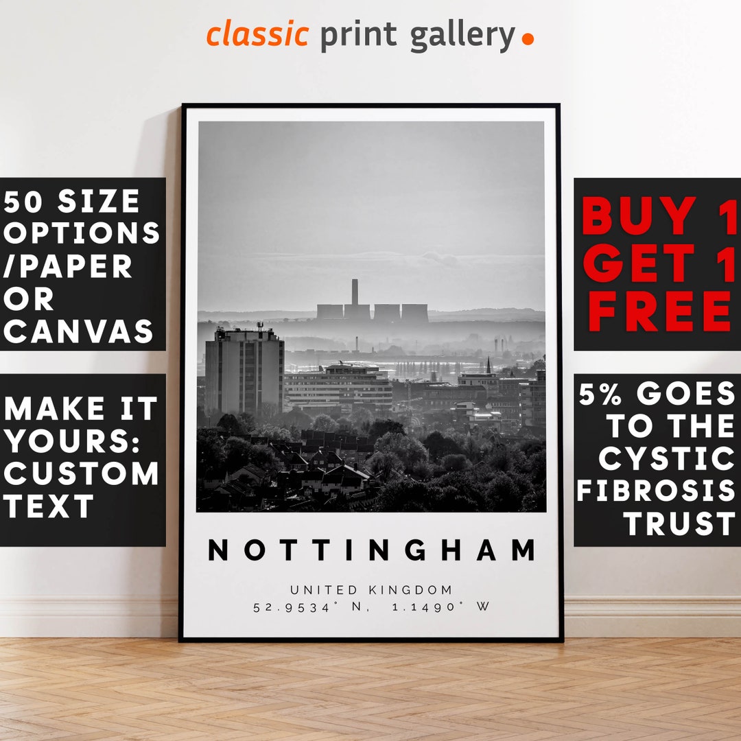 Nottingham Poster Black and White Print, Nottingham Wall Art ...