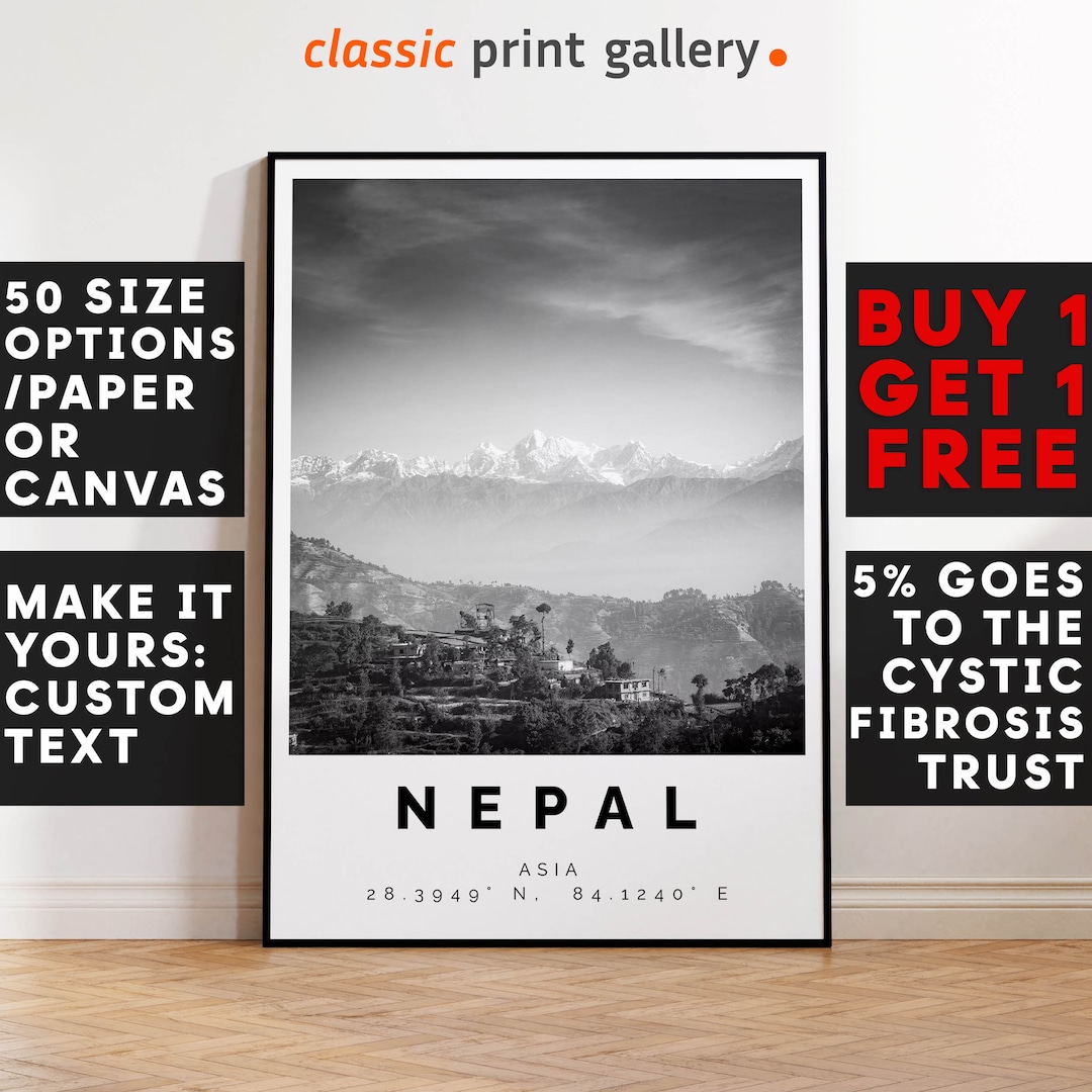 Nepal Poster Black and White Print, Nepal Wall Art, Nepal Travel Poster ...